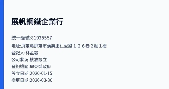 展帆鋼鐵企業行的照片-統編 81935557(屏東縣) 公司登記資料與營業項目詳細圖表