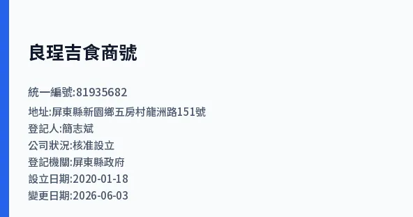 良珵吉食商號的照片-統編 81935682(屏東縣) 公司登記資料與營業項目詳細圖表