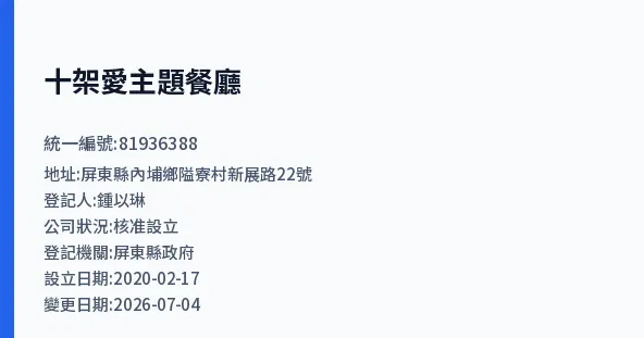 十架愛主題餐廳的照片-統編 81936388(屏東縣) 公司登記資料與營業項目詳細圖表