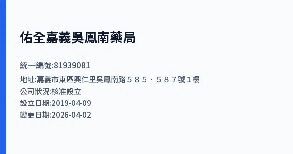 佑全嘉義吳鳳南藥局的照片-統編 81939081(嘉義市) 公司登記資料與營業項目詳細圖表