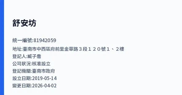 舒安坊的照片-統編 81942059(臺南市) 公司登記資料與營業項目詳細圖表