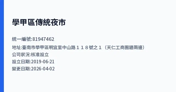 學甲區傳統夜市的照片-統編 81947462(臺南市) 公司登記資料與營業項目詳細圖表
