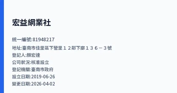 宏益網業社的照片-統編 81948217(臺南市) 公司登記資料與營業項目詳細圖表