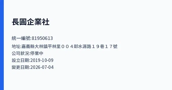 長圓企業社的照片-統編 81950613(嘉義縣) 公司登記資料與營業項目詳細圖表
