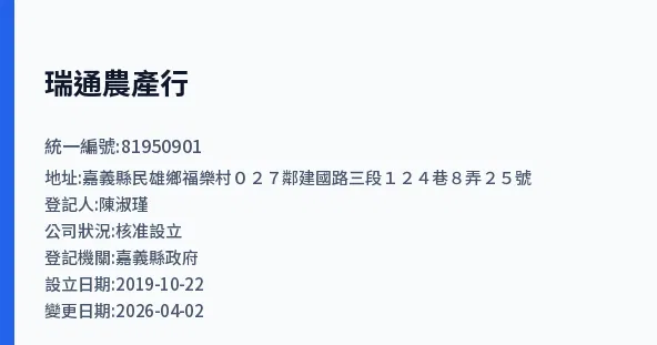 瑞通農產行的照片-統編 81950901(嘉義縣) 公司登記資料與營業項目詳細圖表