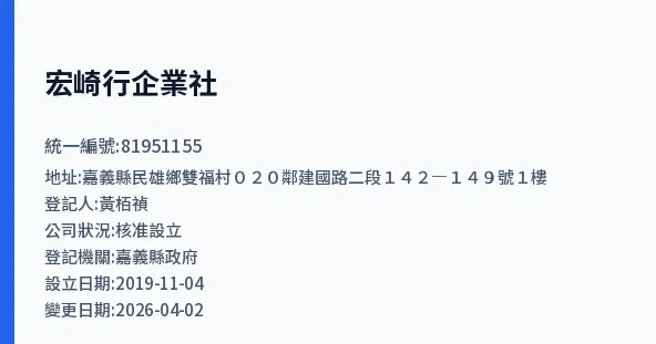 宏崎行企業社的照片-統編 81951155(嘉義縣) 公司登記資料與營業項目詳細圖表
