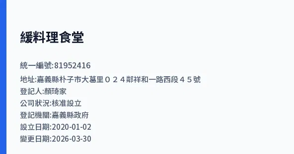 緩料理食堂的照片-統編 81952416(嘉義縣) 公司登記資料與營業項目詳細圖表