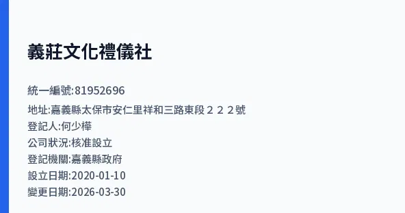 義莊文化禮儀社的照片-統編 81952696(嘉義縣) 公司登記資料與營業項目詳細圖表