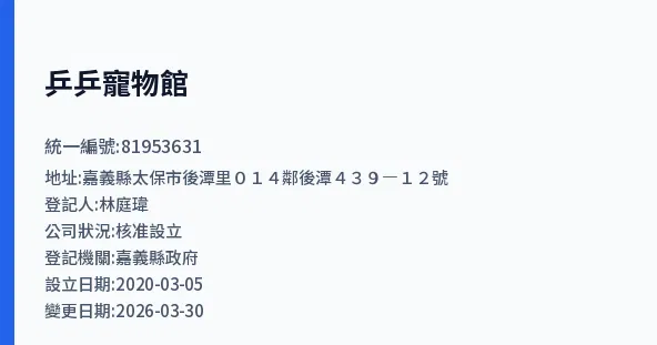 乒乒寵物館的照片-統編 81953631(嘉義縣) 公司登記資料與營業項目詳細圖表