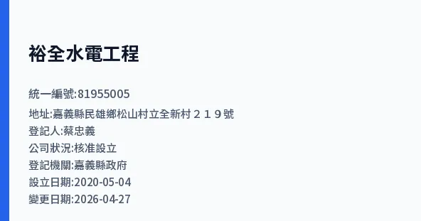 裕全水電工程的照片-統編 81955005(嘉義縣) 公司登記資料與營業項目詳細圖表