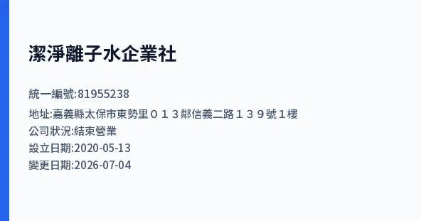 潔淨離子水企業社的照片-統編 81955238(嘉義縣) 公司登記資料與營業項目詳細圖表