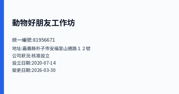 動物好朋友工作坊的照片-統編 81956671(嘉義縣) 公司登記資料與營業項目詳細圖表