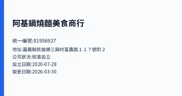 阿基鍋燒麵美食商行的照片-統編 81956927(嘉義縣) 公司登記資料與營業項目詳細圖表