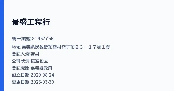 景盛工程行的照片-統編 81957756(嘉義縣) 公司登記資料與營業項目詳細圖表