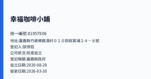 幸福咖啡小鋪的照片-統編 81957806(嘉義縣) 公司登記資料與營業項目詳細圖表