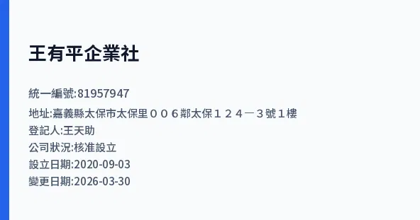 王有平企業社的照片-統編 81957947(嘉義縣) 公司登記資料與營業項目詳細圖表
