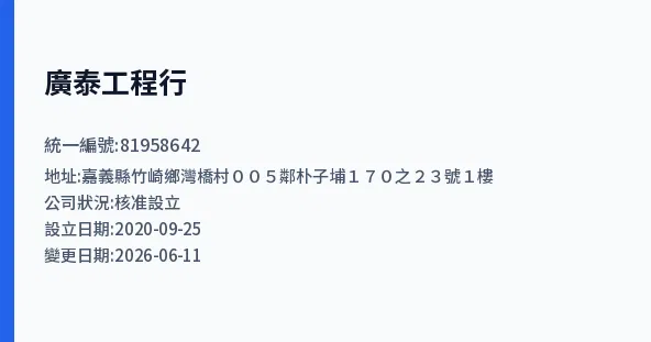 廣泰工程行的照片-統編 81958642(嘉義縣) 公司登記資料與營業項目詳細圖表