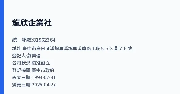 龍欣企業社的照片-統編 81962364(臺中市) 公司登記資料與營業項目詳細圖表