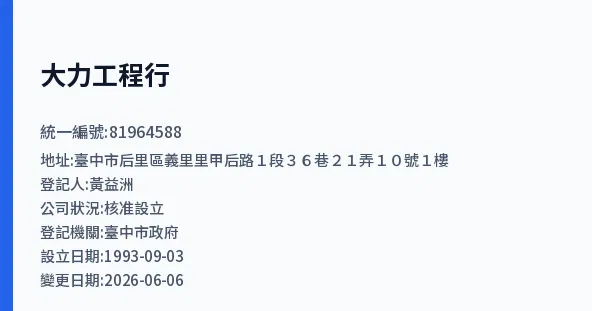 大力工程行的照片-統編 81964588(臺中市) 公司登記資料與營業項目詳細圖表