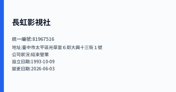 長虹影視社的照片-統編 81967516(臺中市) 公司登記資料與營業項目詳細圖表