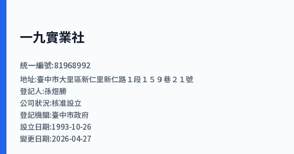 一九實業社的照片-統編 81968992(臺中市) 公司登記資料與營業項目詳細圖表