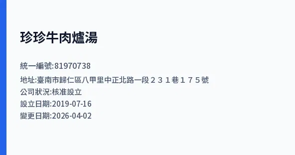 珍珍牛肉爐湯的照片-統編 81970738(臺南市) 公司登記資料與營業項目詳細圖表