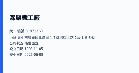 森榮鐵工廠的照片-統編 81971363(臺中市) 公司登記資料與營業項目詳細圖表