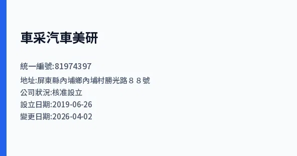 車采汽車美研的照片-統編 81974397(屏東縣) 公司登記資料與營業項目詳細圖表