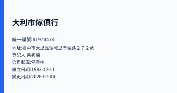 大利市傢俱行的照片-統編 81974474(臺中市) 公司登記資料與營業項目詳細圖表