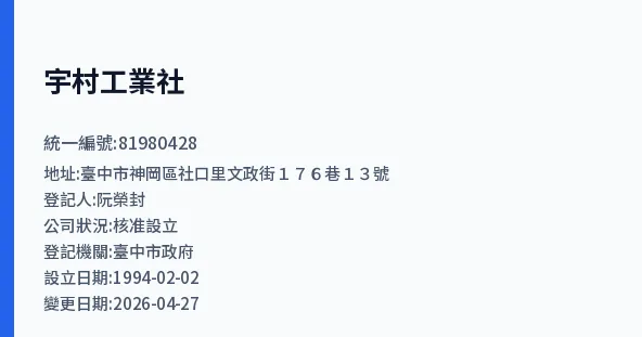 宇村工業社的照片-統編 81980428(臺中市) 公司登記資料與營業項目詳細圖表