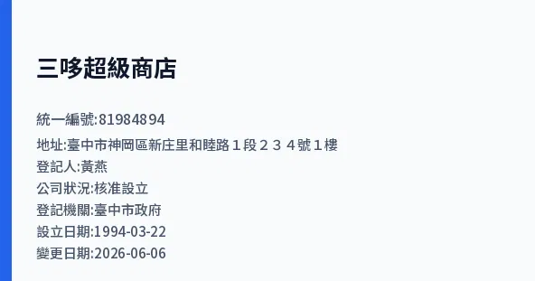 三哆超級商店的照片-統編 81984894(臺中市) 公司登記資料與營業項目詳細圖表