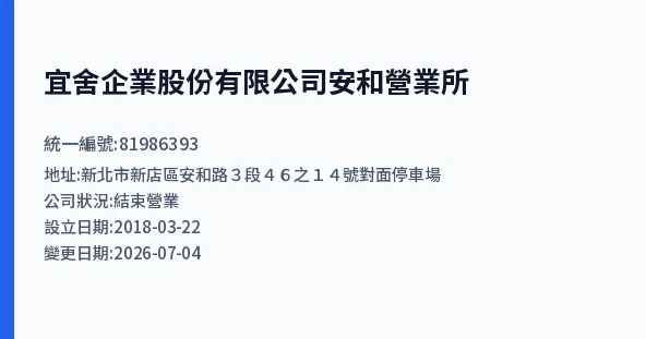 宜舍企業股份有限公司安和營業所的照片-統編 81986393(新北市) 公司登記資料與營業項目詳細圖表