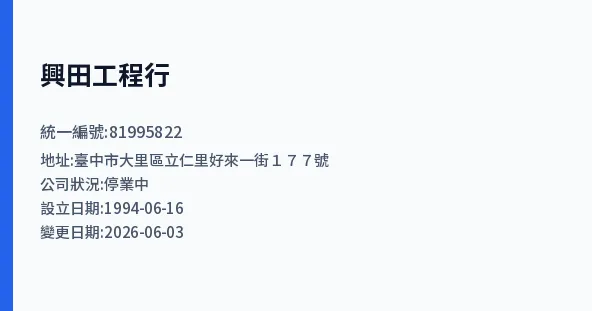 興田工程行的照片-統編 81995822(臺中市) 公司登記資料與營業項目詳細圖表