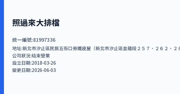 照過來大排檔的照片-統編 81997336(新北市) 公司登記資料與營業項目詳細圖表