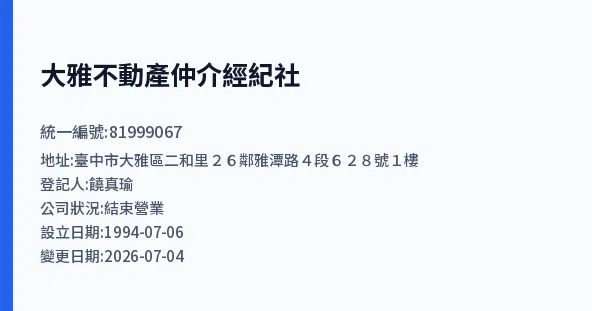 大雅不動產仲介經紀社的照片-統編 81999067(臺中市) 公司登記資料與營業項目詳細圖表