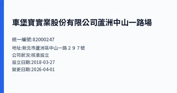 車堡寶實業股份有限公司蘆洲中山一路場的照片-統編 82000247(新北市) 公司登記資料與營業項目詳細圖表