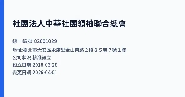 社團法人中華社團領袖聯合總會的照片-統編 82001029(臺北市) 公司登記資料與營業項目詳細圖表