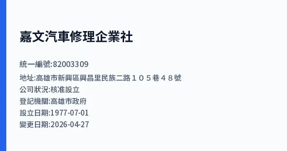 嘉文汽車修理企業社的照片-統編 82003309(高雄市) 公司登記資料與營業項目詳細圖表