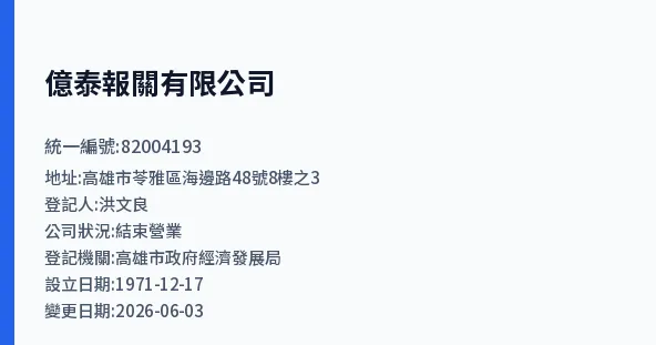 億泰報關有限公司的照片-統編 82004193(高雄市) 公司登記資料與營業項目詳細圖表