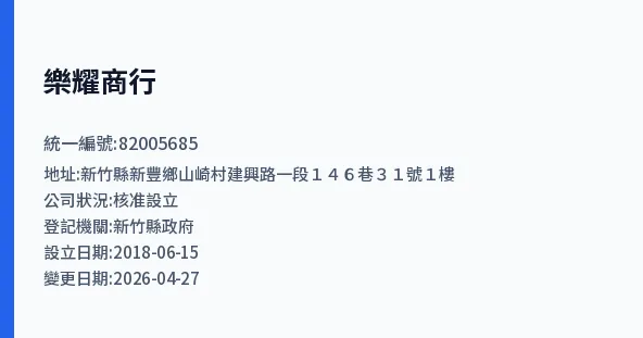 樂耀商行的照片-統編 82005685(新竹縣) 公司登記資料與營業項目詳細圖表