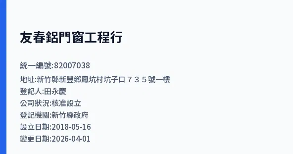 友春鋁門窗工程行的照片-統編 82007038(新竹縣) 公司登記資料與營業項目詳細圖表