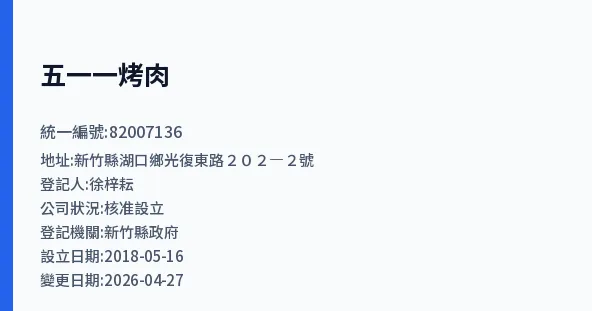 五一一烤肉的照片-統編 82007136(新竹縣) 公司登記資料與營業項目詳細圖表
