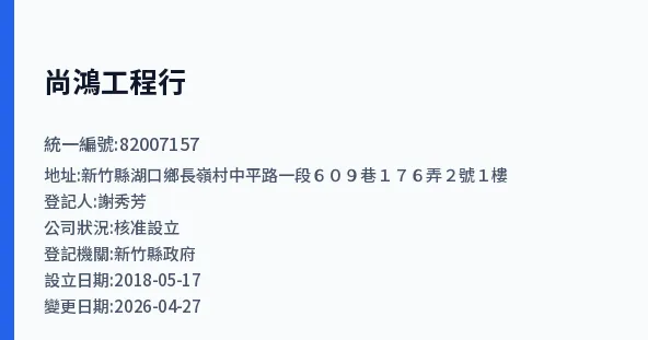 尚鴻工程行的照片-統編 82007157(新竹縣) 公司登記資料與營業項目詳細圖表