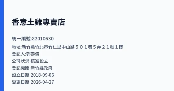 香意土雞專賣店的照片-統編 82010630(新竹縣) 公司登記資料與營業項目詳細圖表