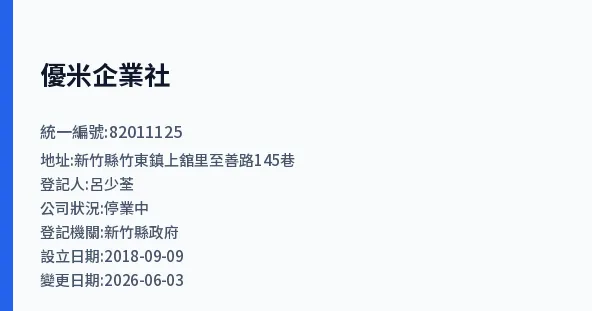 優米企業社的照片-統編 82011125(新竹縣) 公司登記資料與營業項目詳細圖表