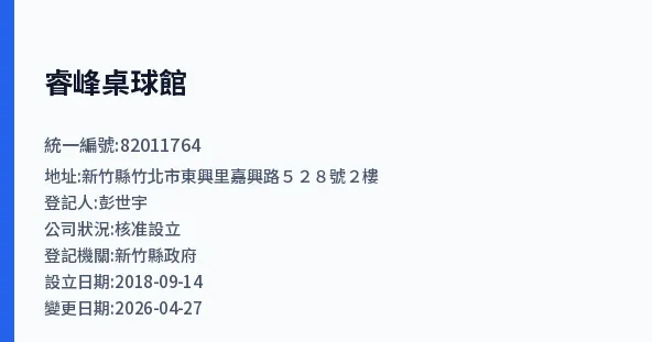 睿峰桌球館的照片-統編 82011764(新竹縣) 公司登記資料與營業項目詳細圖表