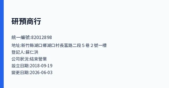 研預商行的照片-統編 82012898(新竹縣) 公司登記資料與營業項目詳細圖表