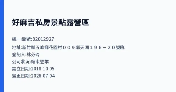好麻吉私房景點露營區的照片-統編 82012927(新竹縣) 公司登記資料與營業項目詳細圖表