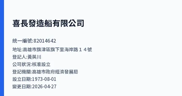 喜長發造船有限公司的照片-統編 82014642(高雄市) 公司登記資料與營業項目詳細圖表