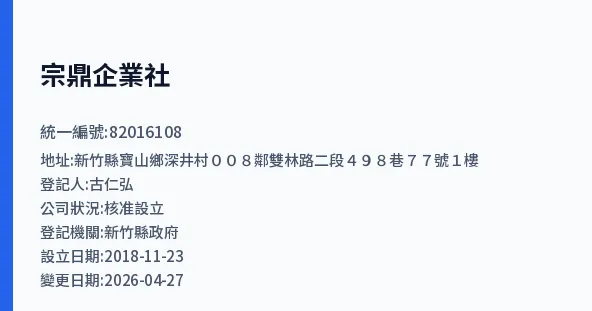 宗鼎企業社的照片-統編 82016108(新竹縣) 公司登記資料與營業項目詳細圖表